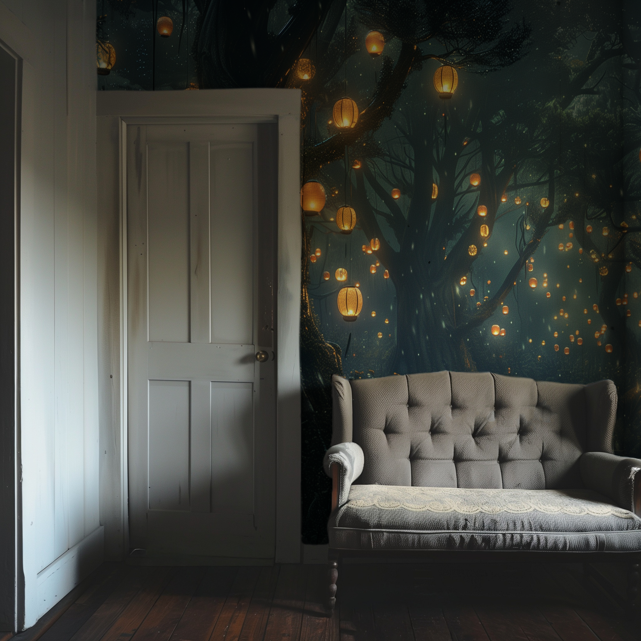 Glowing Lantern Forest Mural – Magical Dark Wall Art for Dreamy ...